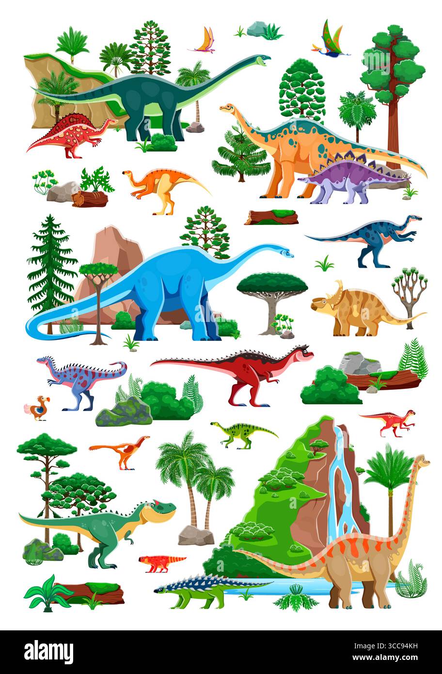 Prehistoric era landscape, dinosaurs characters and plants. Dimorphodon ...