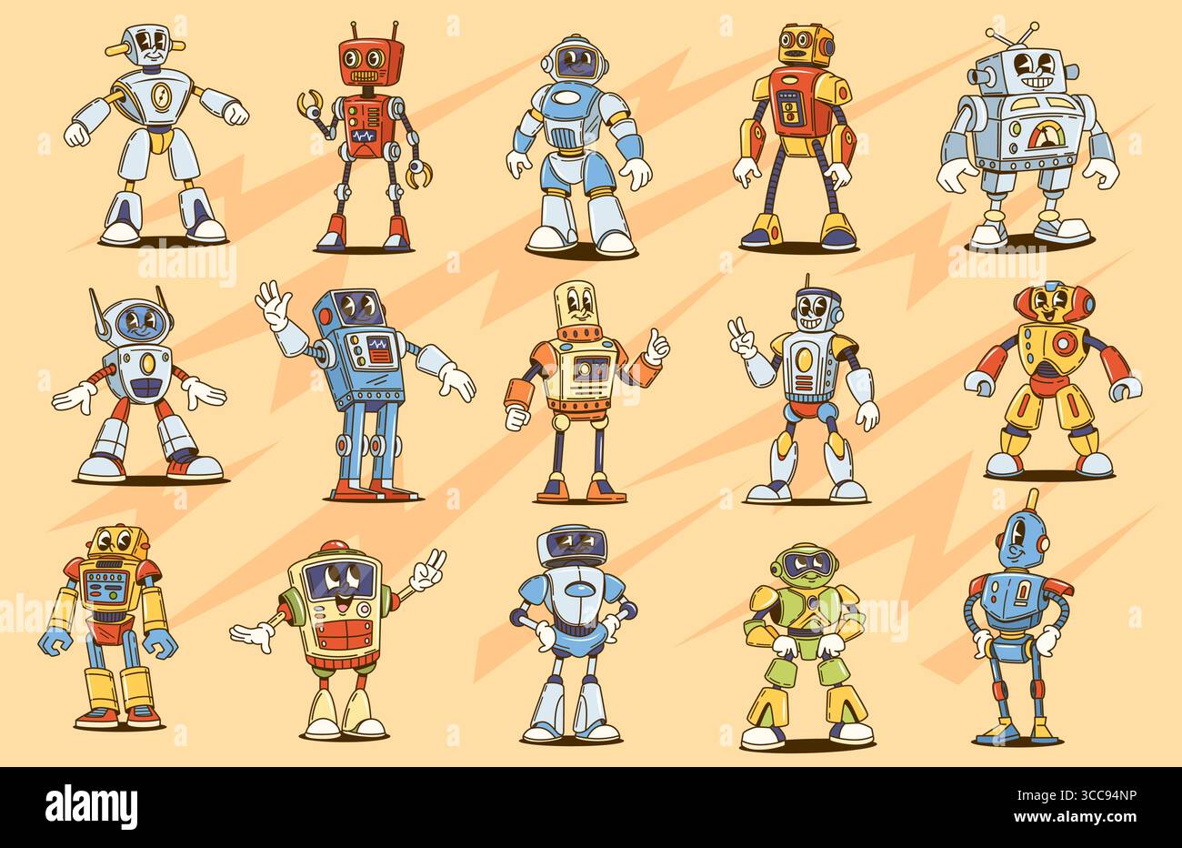 Cartoon groovy robot characters of retro hippie bot toys with happy ...