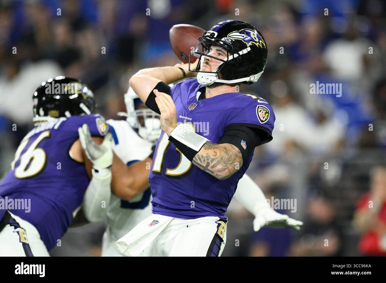 Baltimore Ravens quarterback Devin Leary (13) in action during the ...