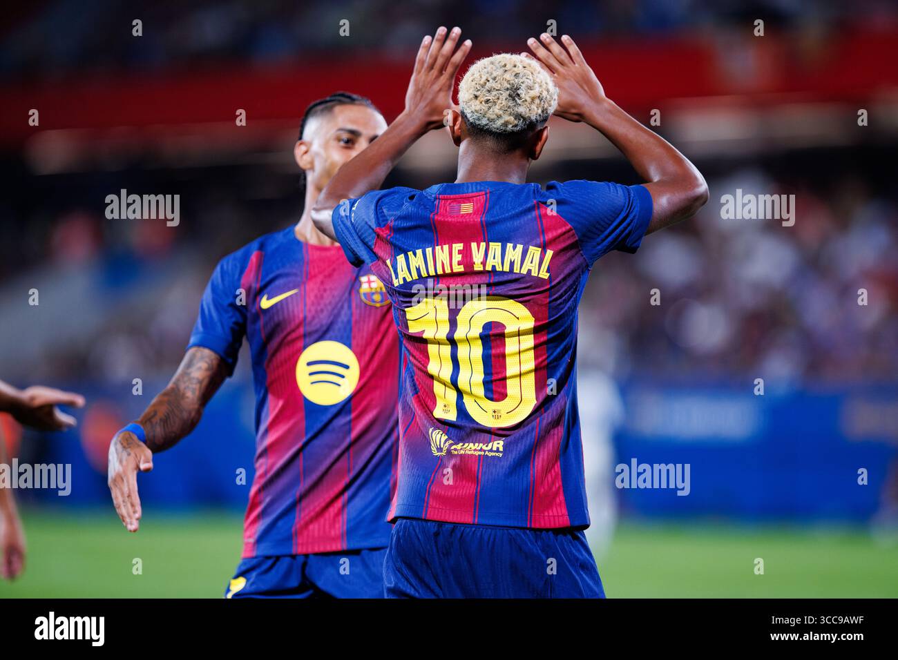 Barcelona, Spain. 10th Aug, 2025. Lamine Yamal celebrates after scoring ...