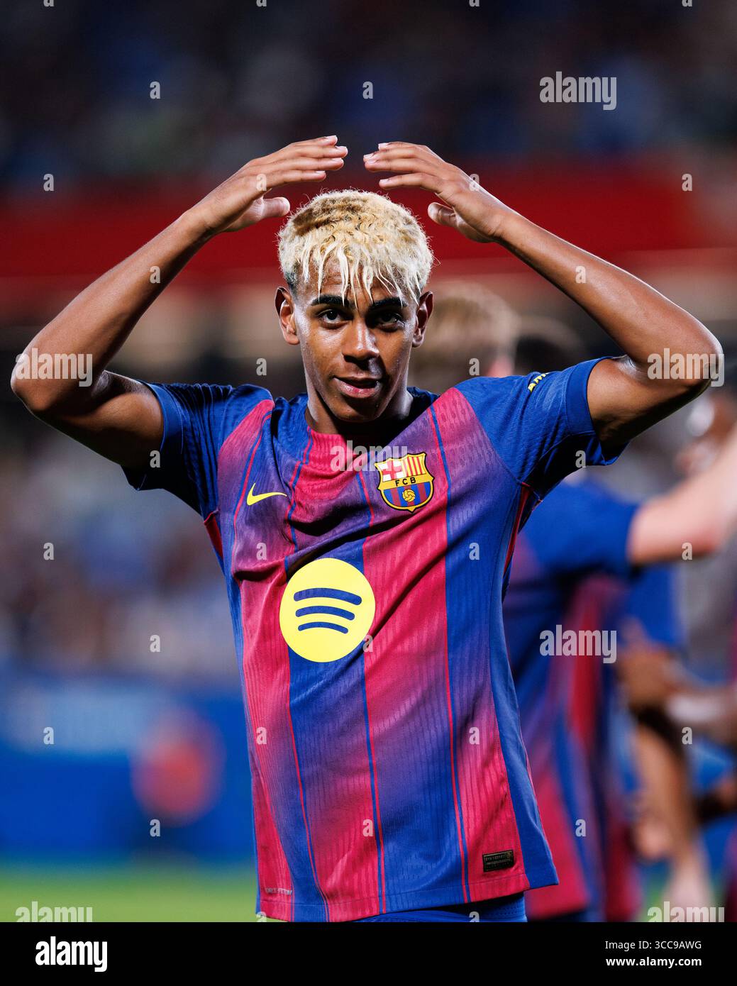 Barcelona, Spain. 10th Aug, 2025. Lamine Yamal celebrates after scoring ...