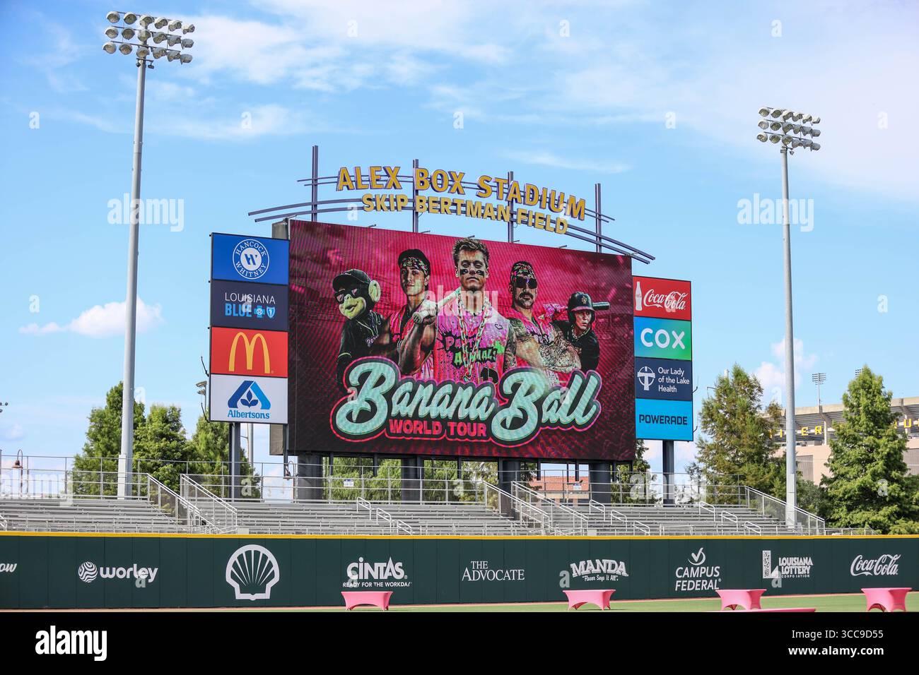 August 09, 2025: The scoreboard at Alex Box Stadium displays Banana ...