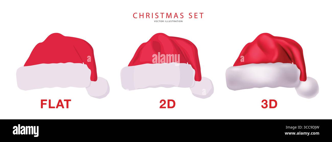 Santa hat in flat, 2d and 3d design Christmas element collection ...
