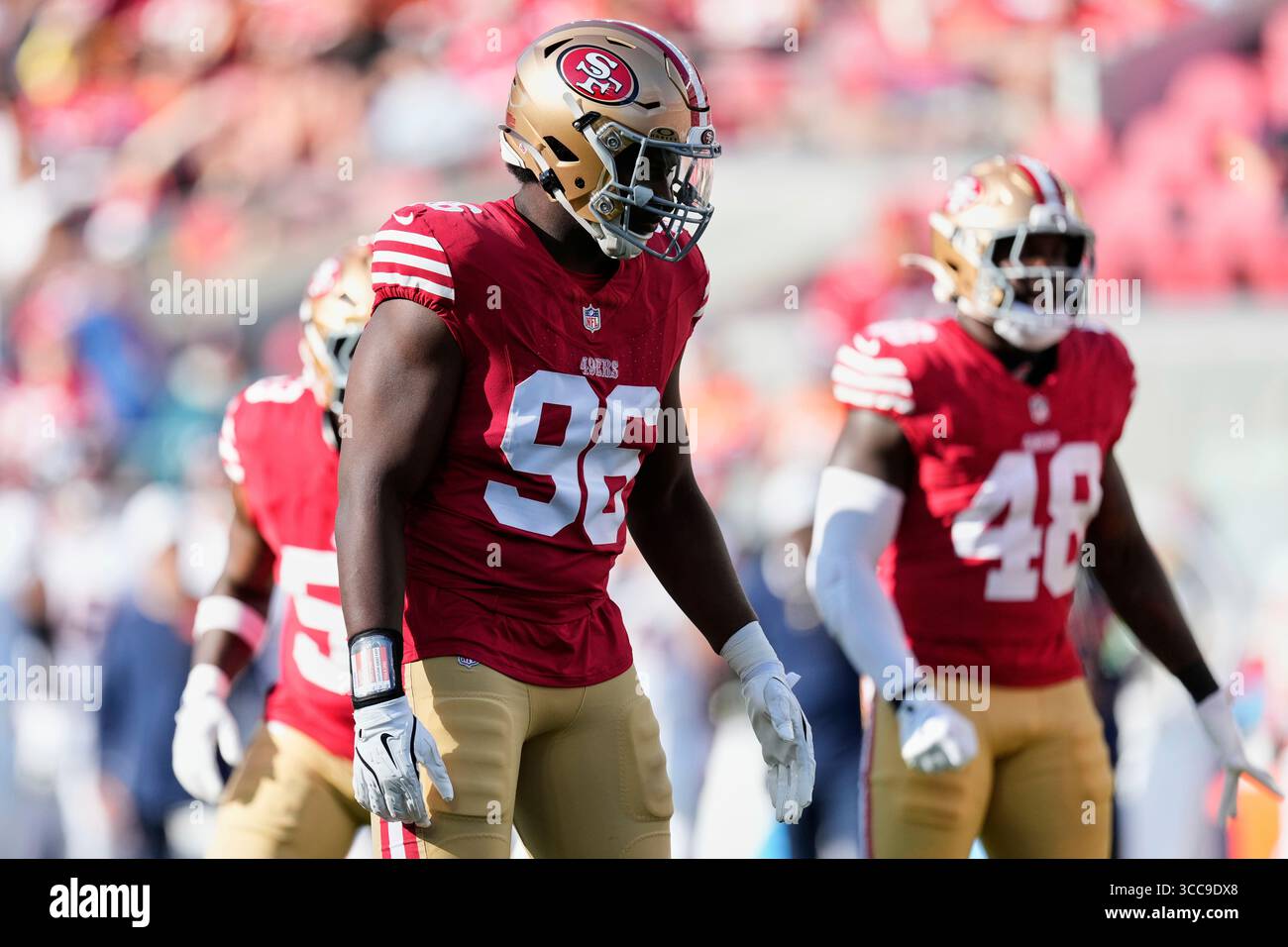 San Francisco 49ers defensive end Jonathan Garvin (96) lines up pre ...