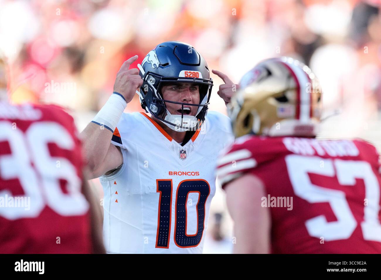 Denver Broncos quarterback Bo Nix (10) calls an audible during the ...