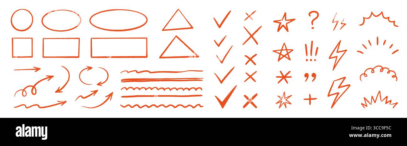 Pen red emphasis set. Hand drawn crayon check marks, speech bubbles ...