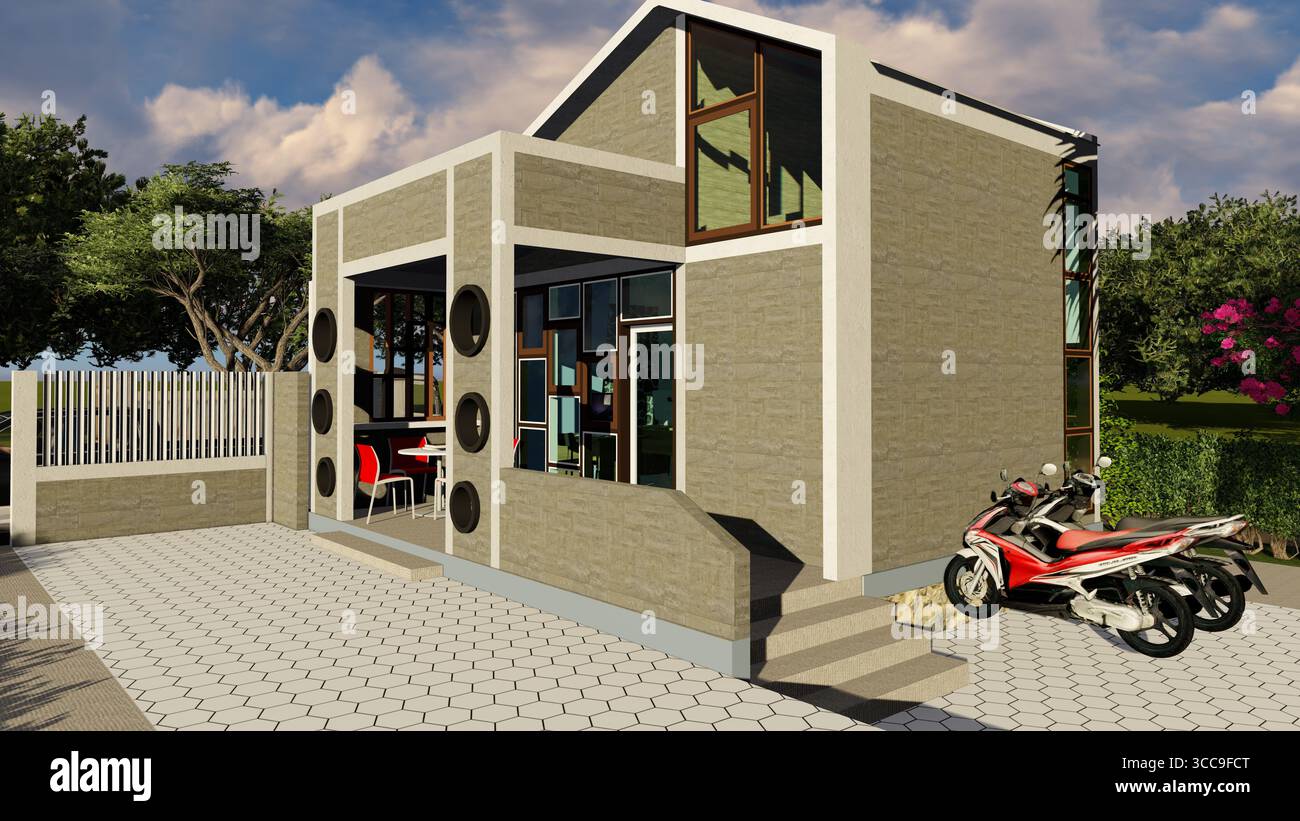 a modern minimalist mini office 3d render with unique circular window ...