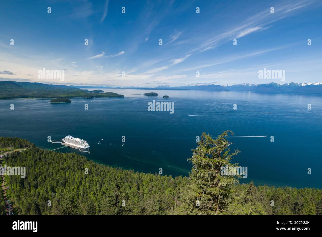 Aerial view of Seven Seas Explorer docked at Icy Strait Cruise Terminal ...