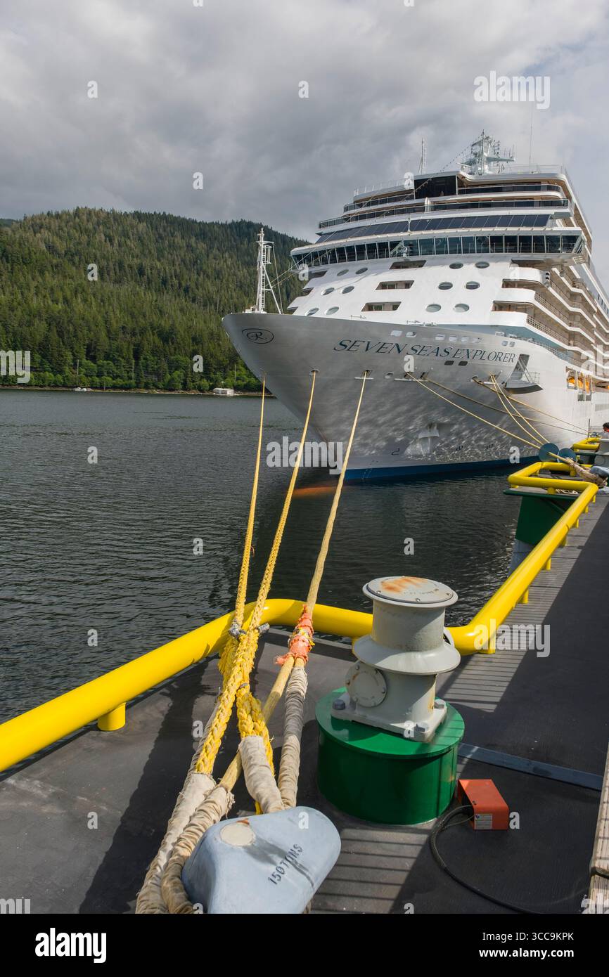 Mooring lines securing the Seven Seas Explorer cruise ship docked at ...
