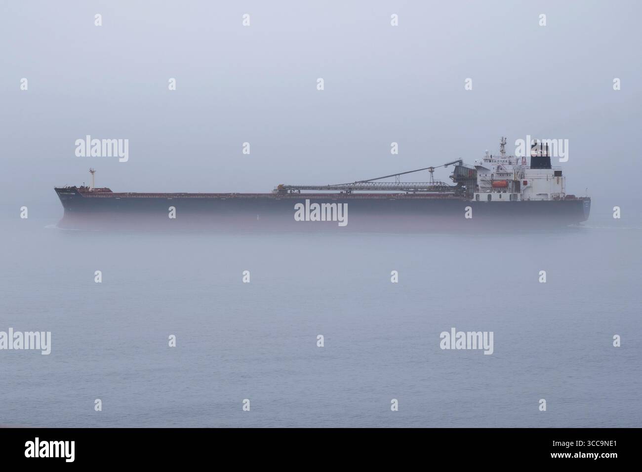 Bulk carrier ship underway shrouded in fog, North Pacific Ocean off ...
