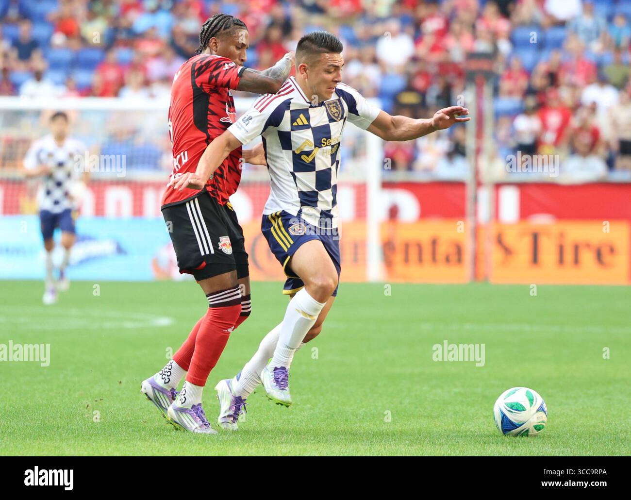 Harrison, USA. 10th Aug, 2025. Kyle Duncan (defender, 6) and Braian ...