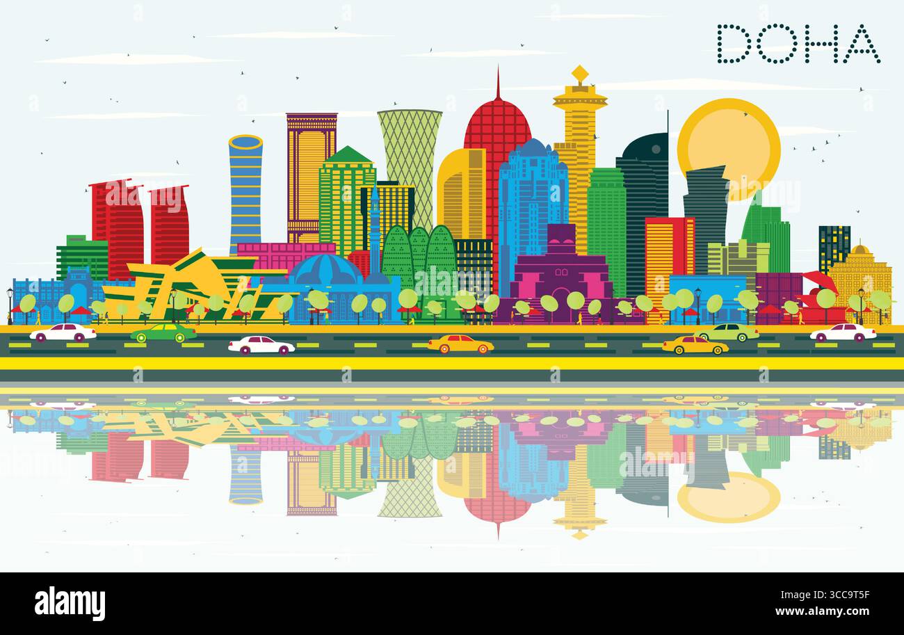 Doha Qatar City Skyline with Color Buildings and Reflections. Vector ...