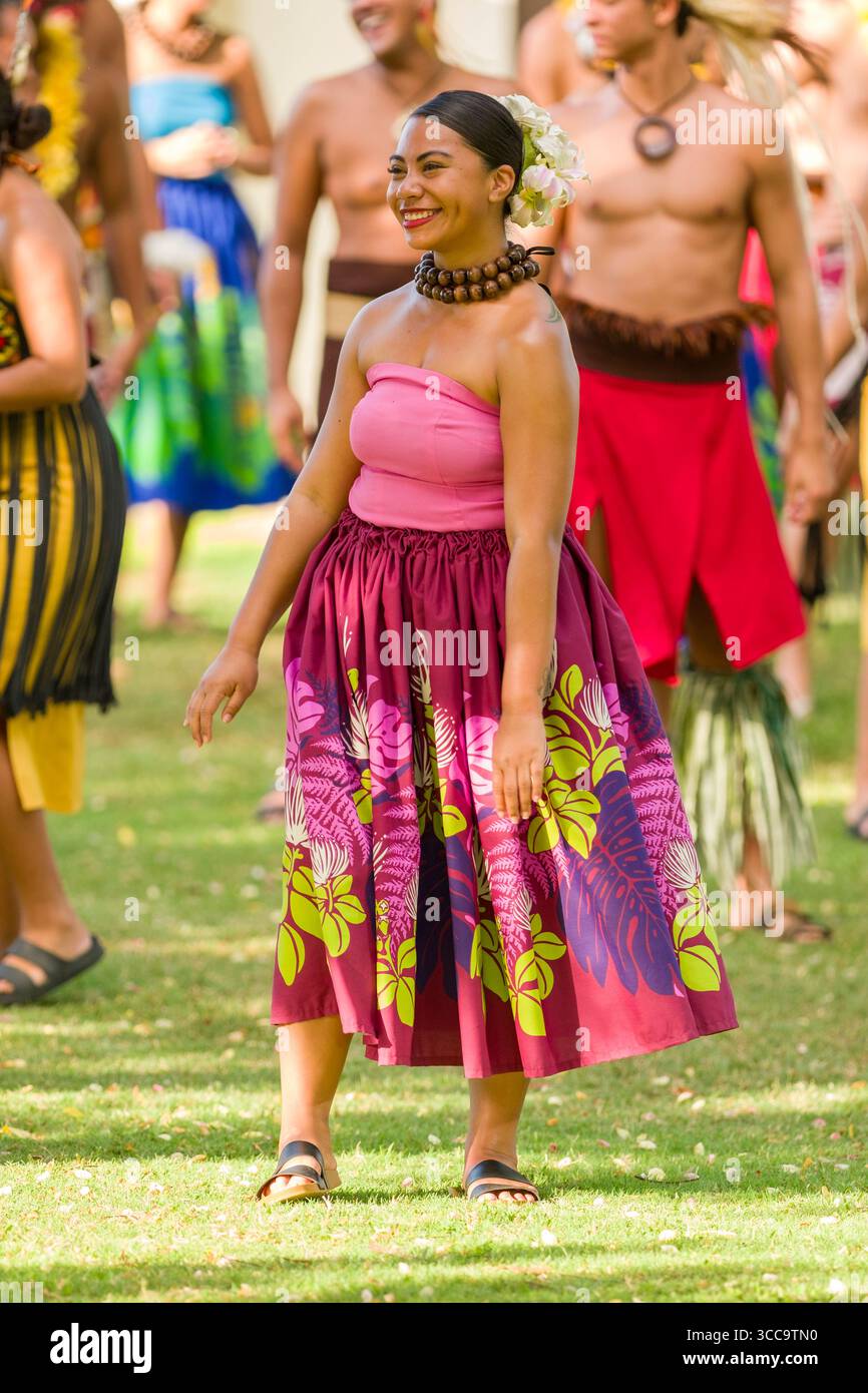 Smiling female wearing Poyaisian attire before the start of the Aloha ...