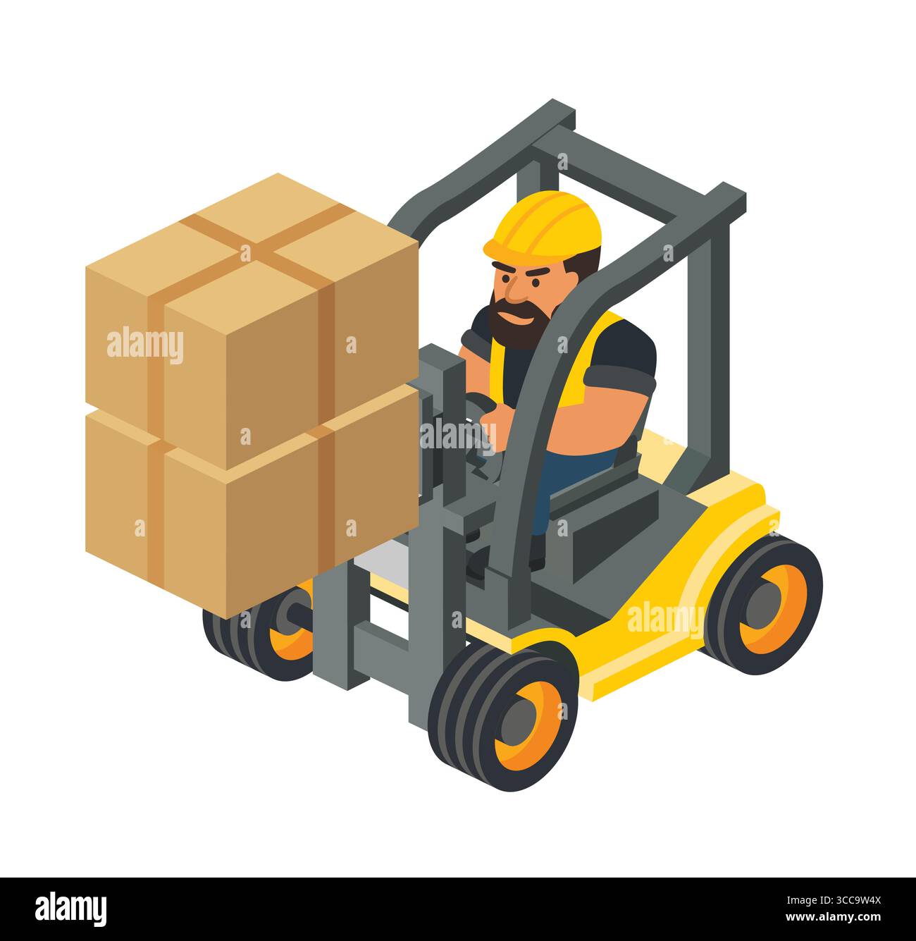 Isometric forklift with driver transporting stacked cardboard boxes. Industrial cargo handling ...