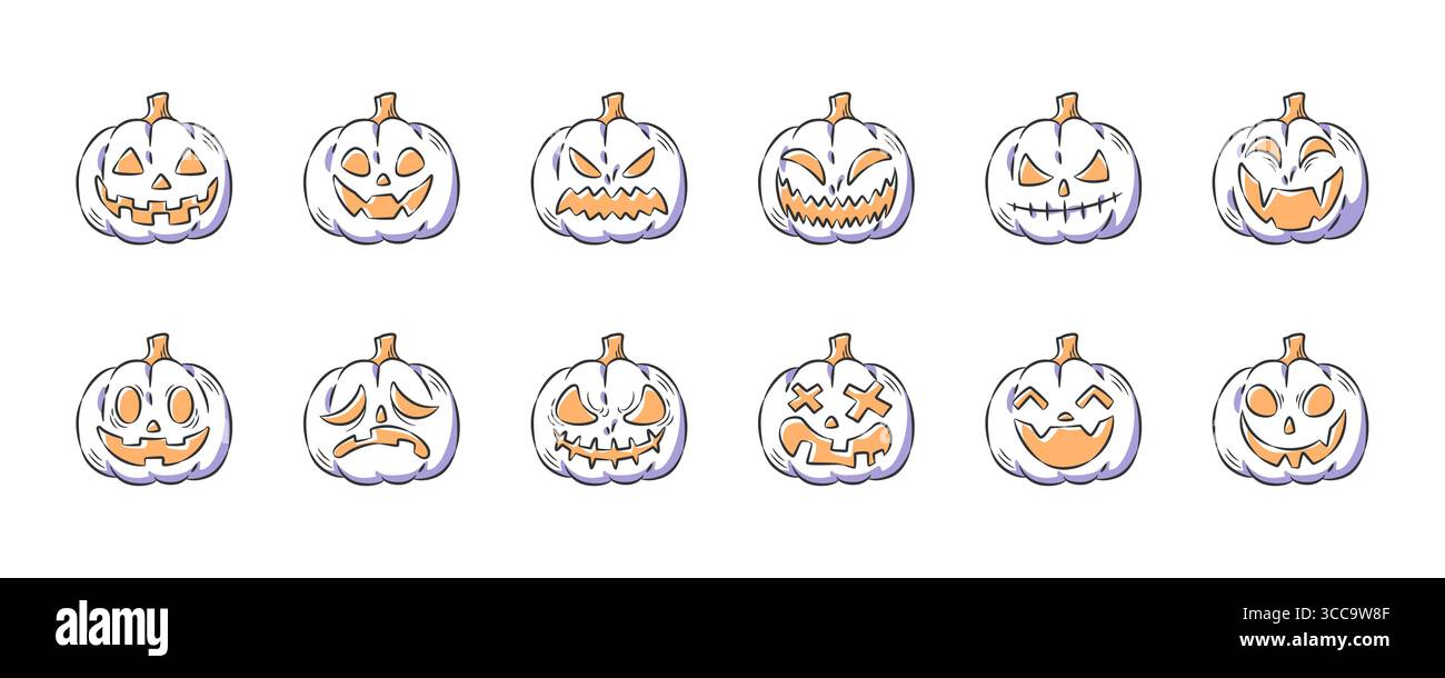 Halloween pumpkins or jack-o'-lanterns . Hand drawn icon cartoon ...