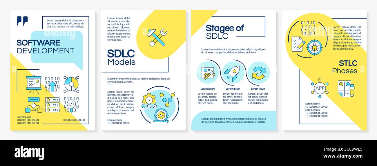 Software development life cycle blue and yellow brochure layout Stock ...