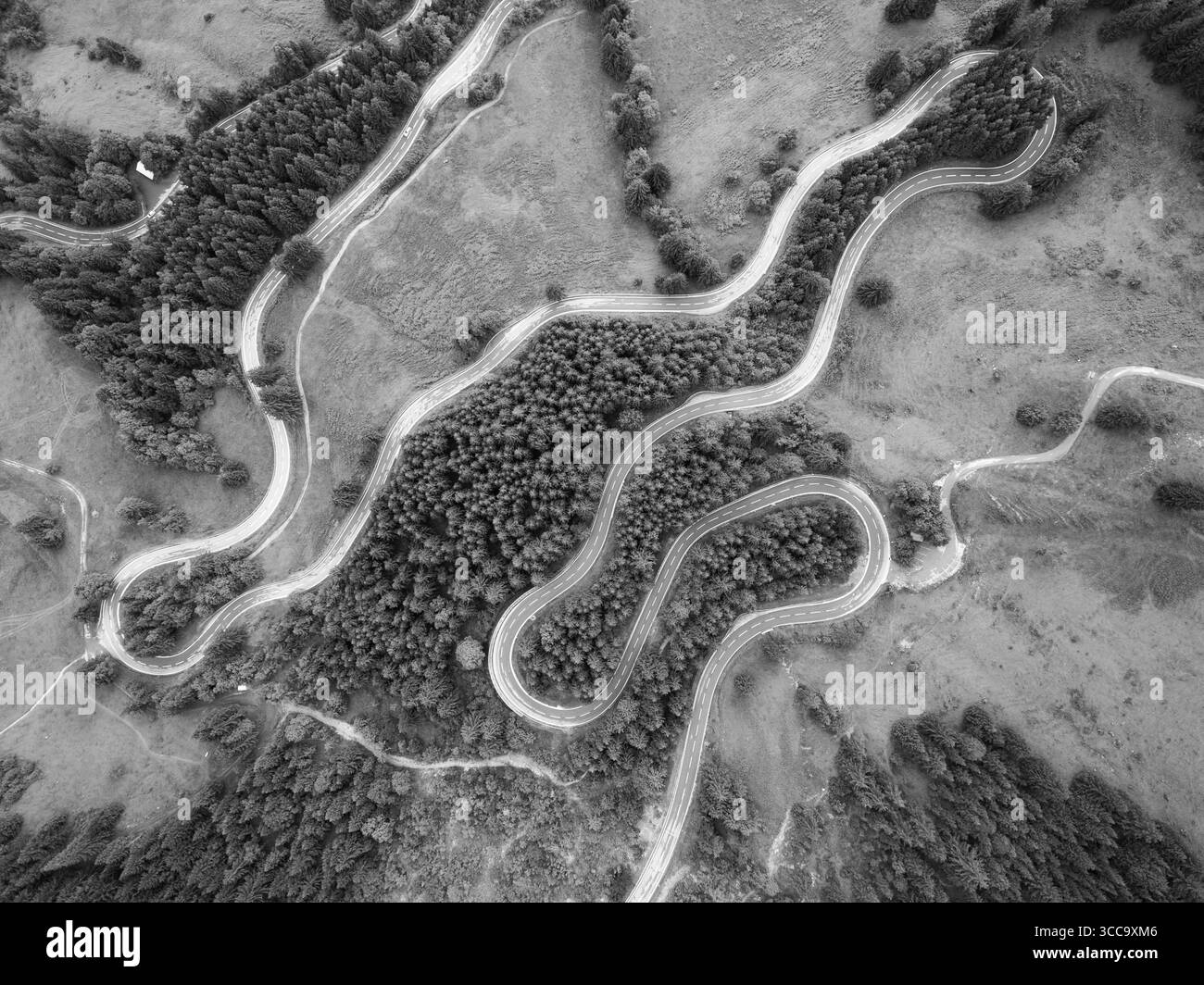 Winding serpentine roads carve through lush alpine landscapes ...