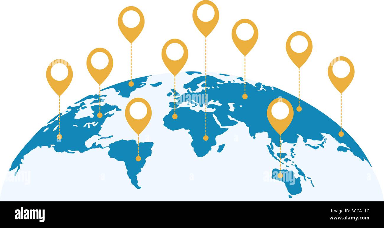 Map of Earths continents with gold geo tagged locations. Navigation GPS ...