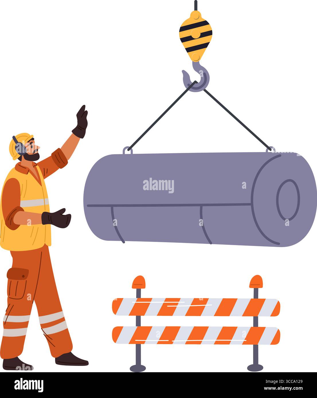 Man installer in uniform with hoisting crane at construction site ...