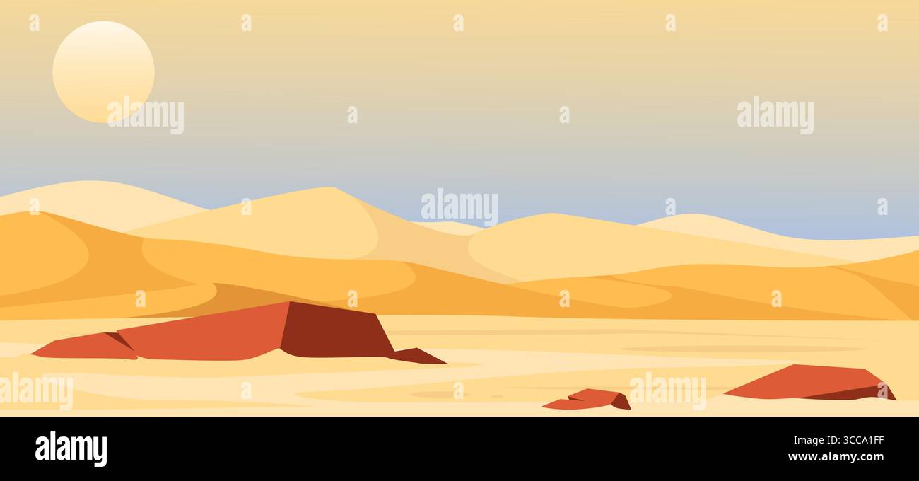 Beautiful desert landscape with sand dunes and red rocks. Drought arid ...