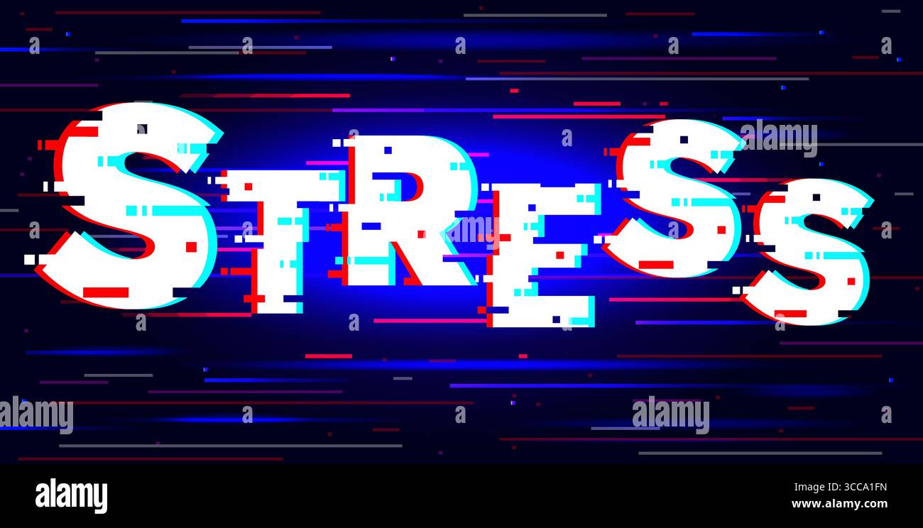 Beautiful stylization in text word stress glitch style. Inscription font. Broken pixels. Visual ...
