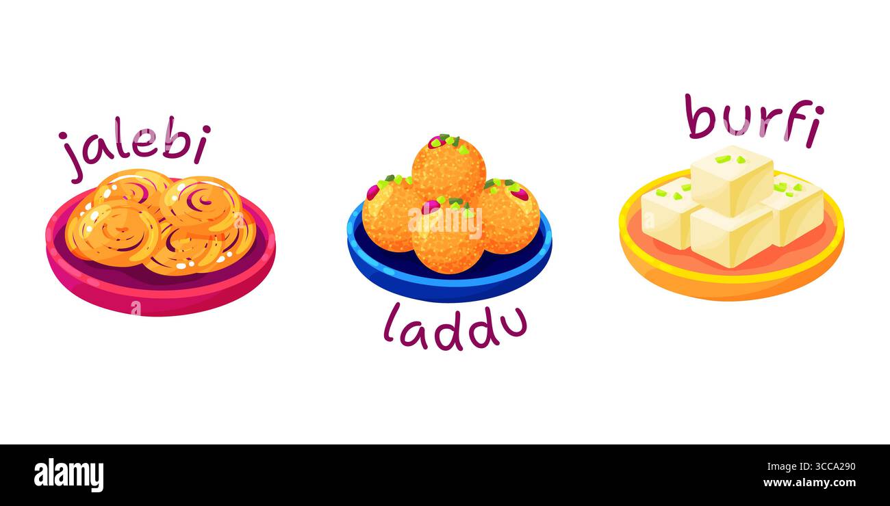 Cartoon-style illustration of three traditional Indian sweets - jalebi ...