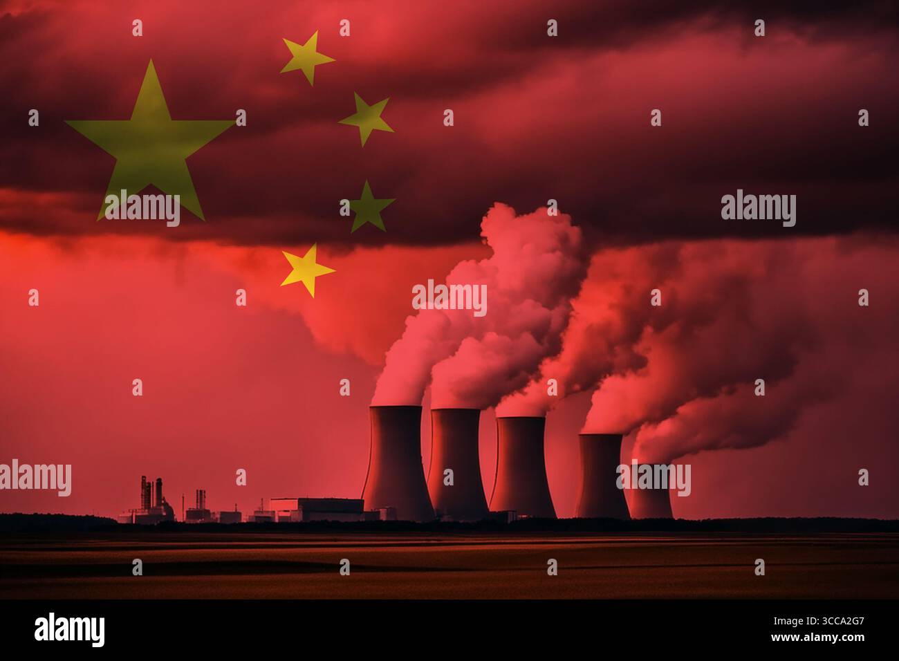 Nuclear Power Plant with Chinese National Flag Overlay Symbolising ...