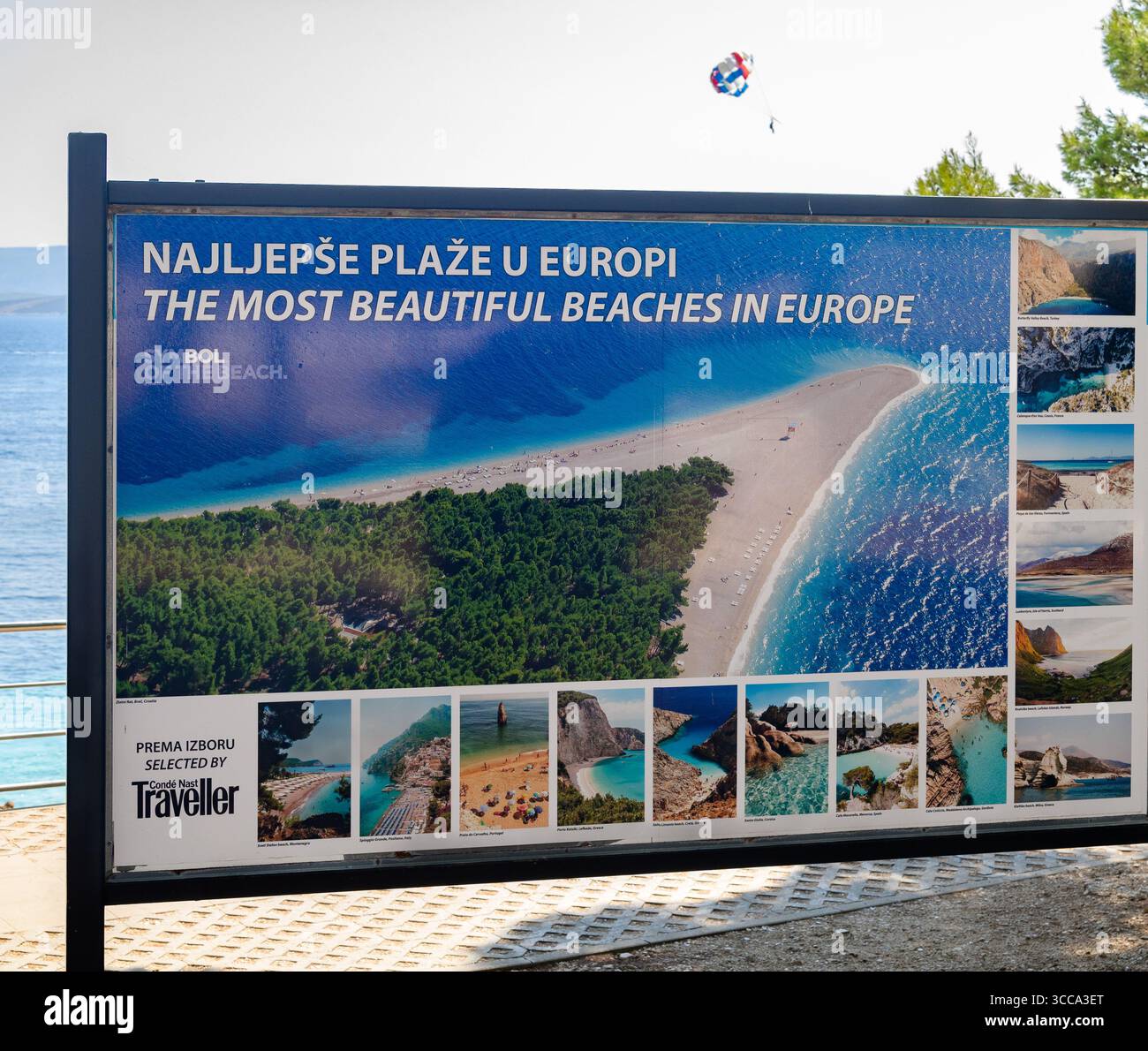 Signboard information about local beaches at the Zlatni Rat Golden cape ...