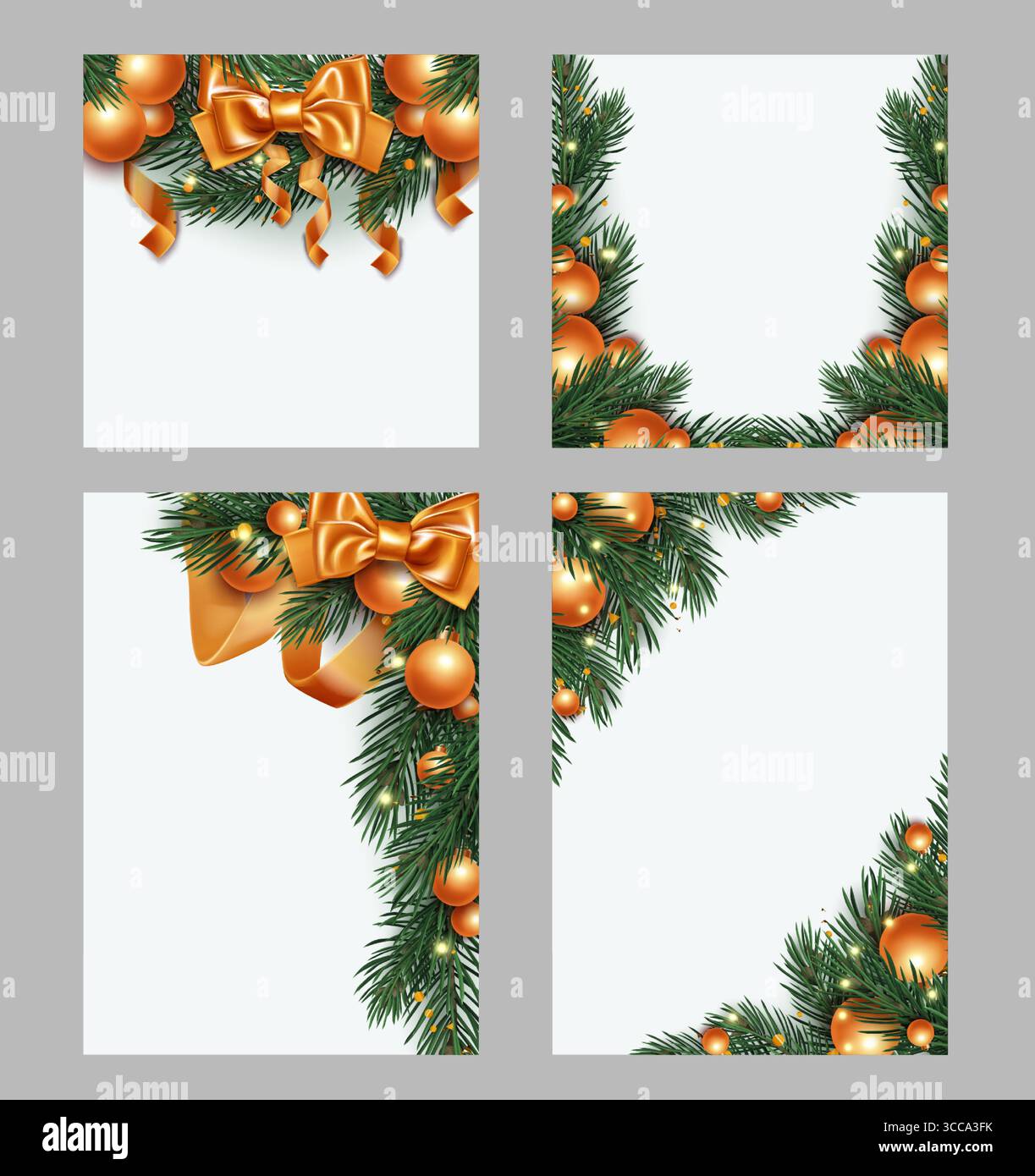 Holiday frame borders with pine tree branches decorated by orange satin ...