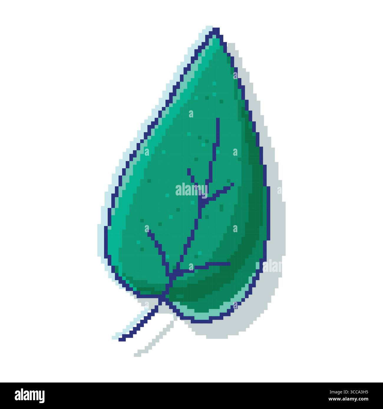 Pixel Art Green Leaf With Blue Outline And Vein Details. Retro ...