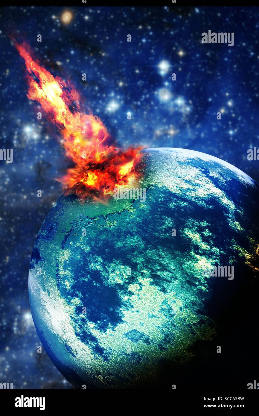 Dramatic meteor impact on Earth's surface, illustrating catastrophic ...
