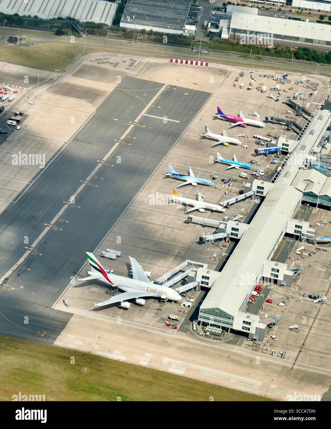 An aerial view of Terminal buildings and waiting planes at Birmingham ...
