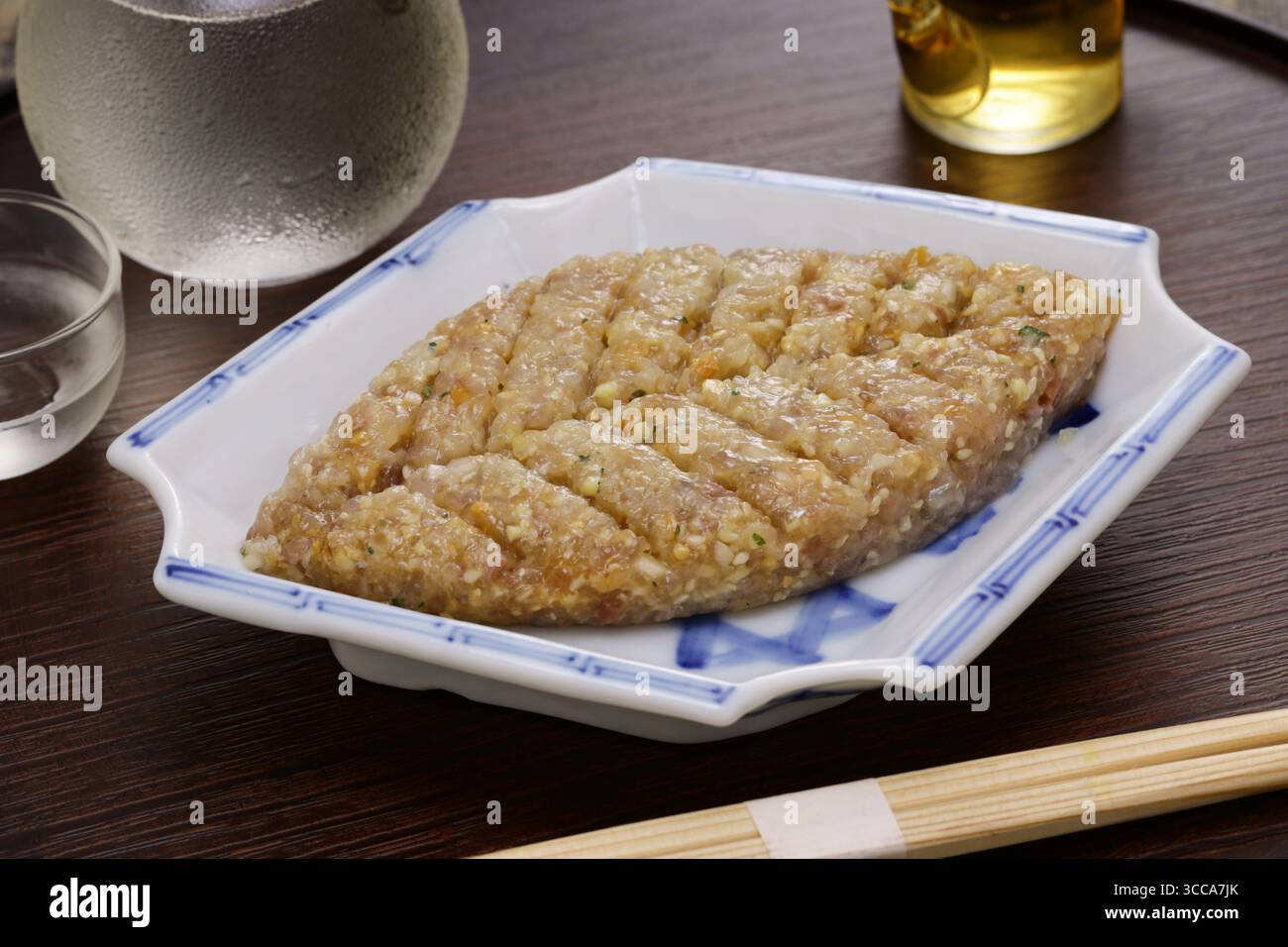 fish tartare( chopped horse mackerel with miso) and cold sake, Japanese ...
