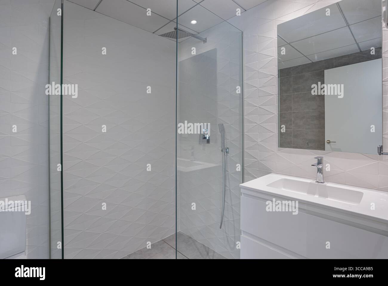 Spacious walk-in shower with frameless glass and rainfall shower head ...