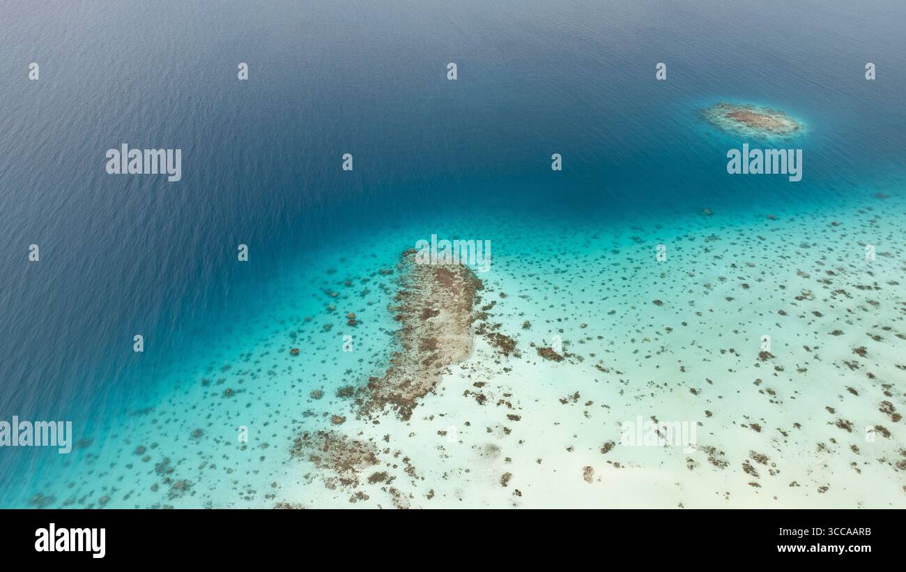Aerial view of turquoise waters gently kiss the coral reefs, revealing ...