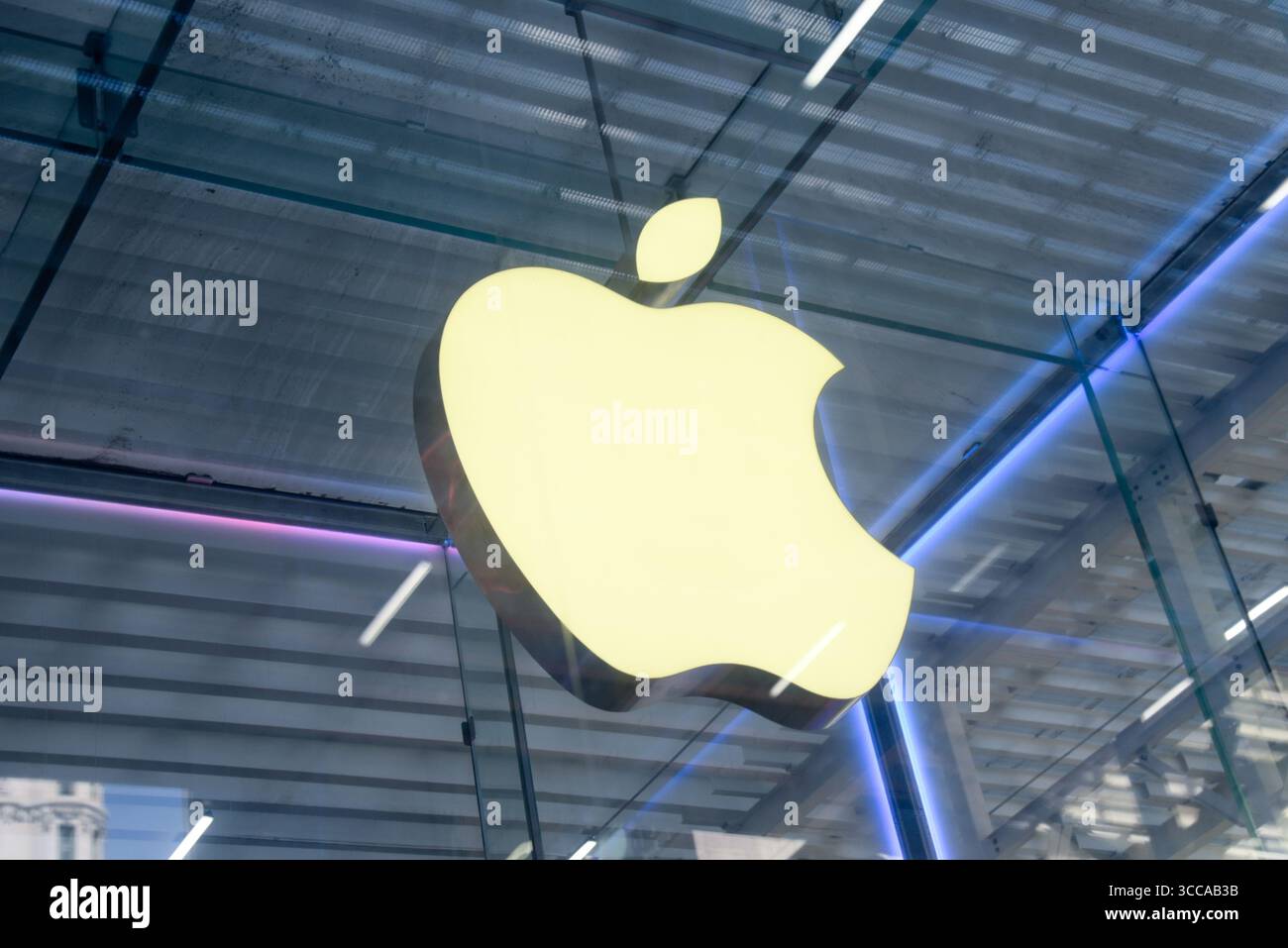 Apple store signage is displayed in New York, NY, August 10, 2025 ...