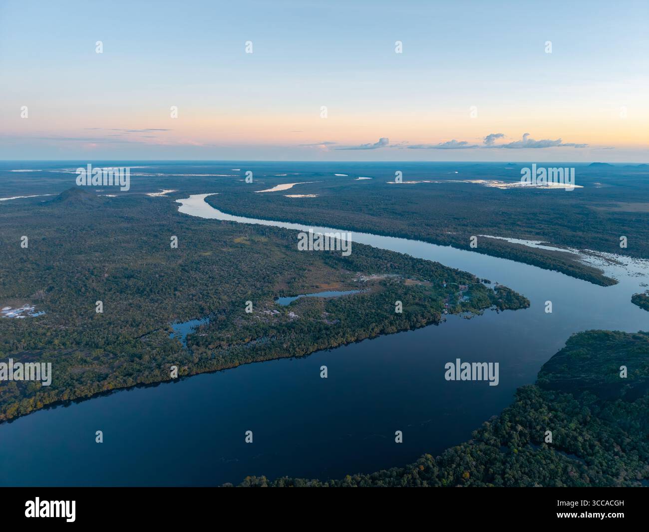 Aerial view of the dark, winding river snaking through the dense ...