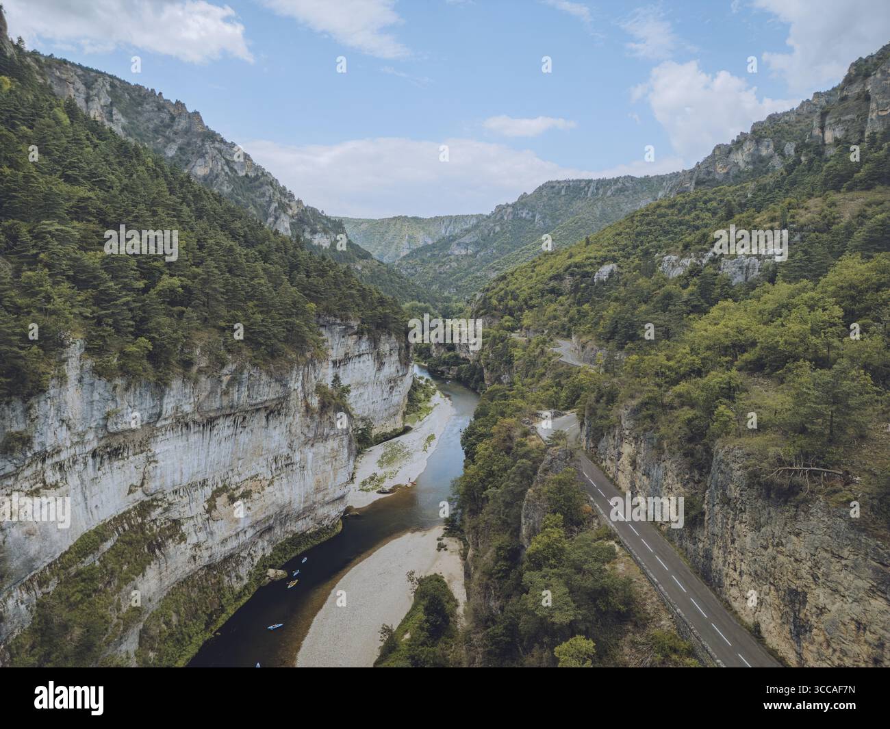 Aerial view of the Tarn River carving through towering limestone cliffs ...