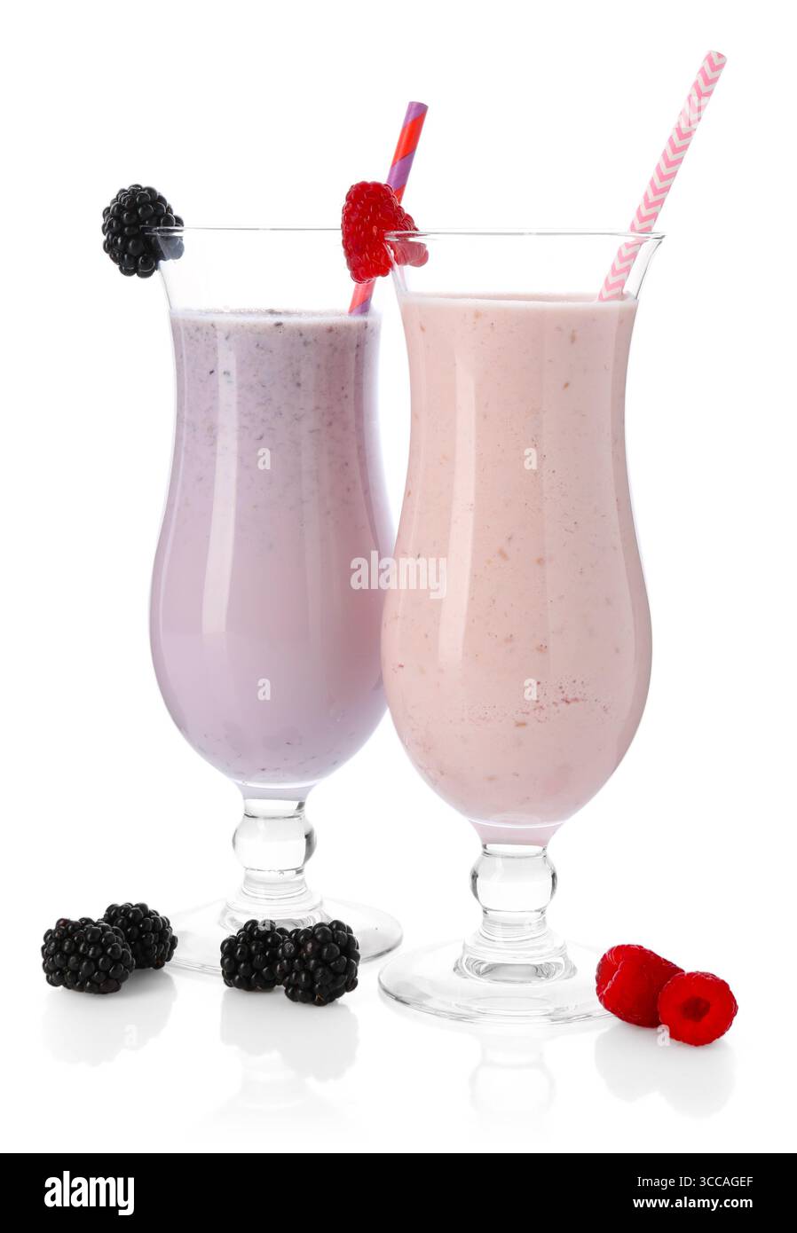 Different tasty milkshakes in glasses and ingredients isolated on white ...
