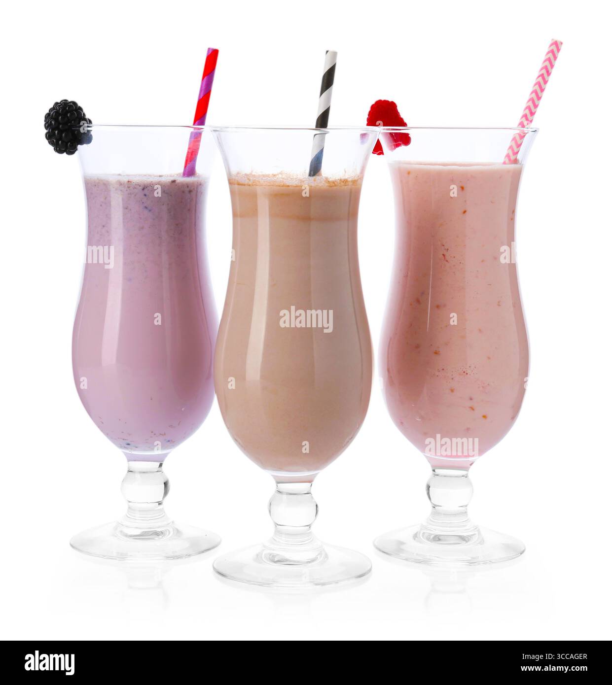 Different tasty milkshakes in glasses isolated on white Stock Photo - Alamy