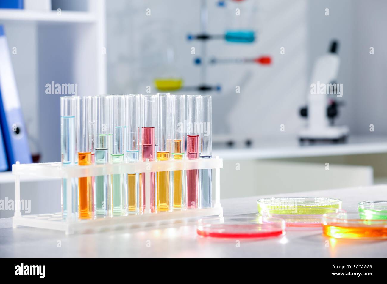 Test tubes with different samples and Petri dishes on table in ...