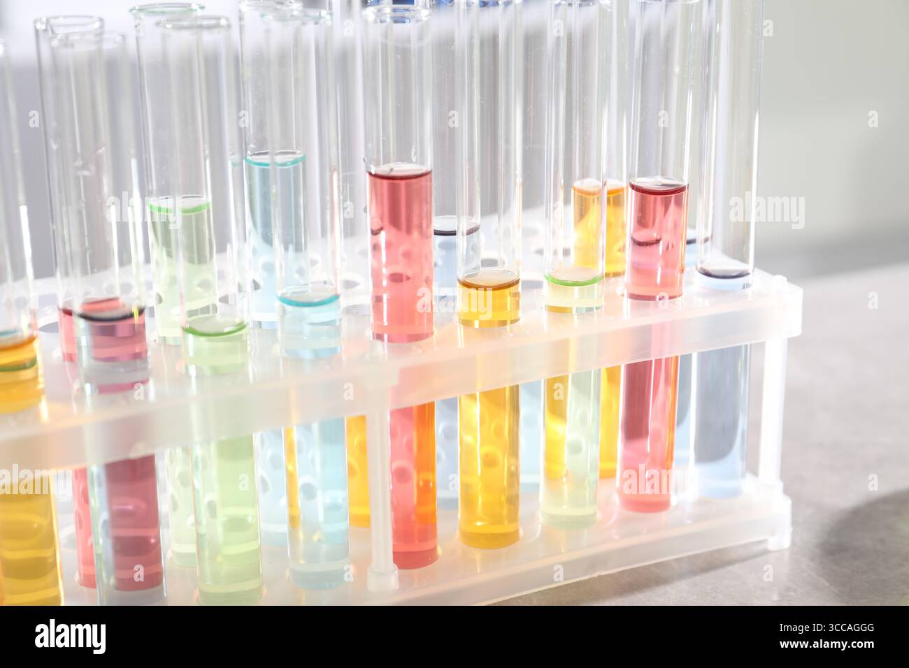 Test tubes with different samples on grey table in laboratory, closeup ...