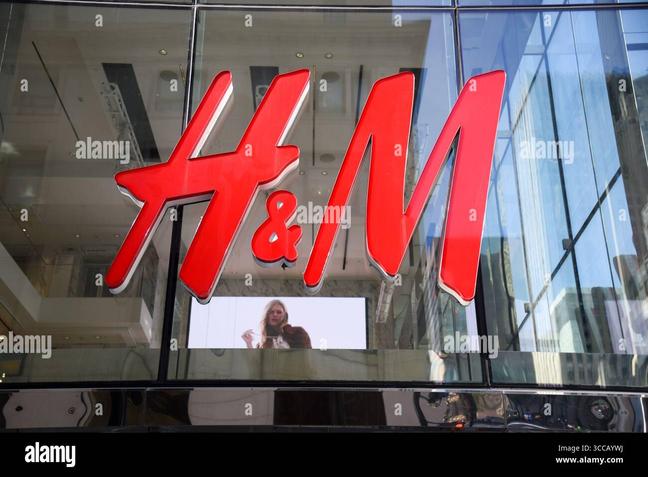 H&M brand signage is displayed in New York, NY, August 10, 2025. (Photo ...