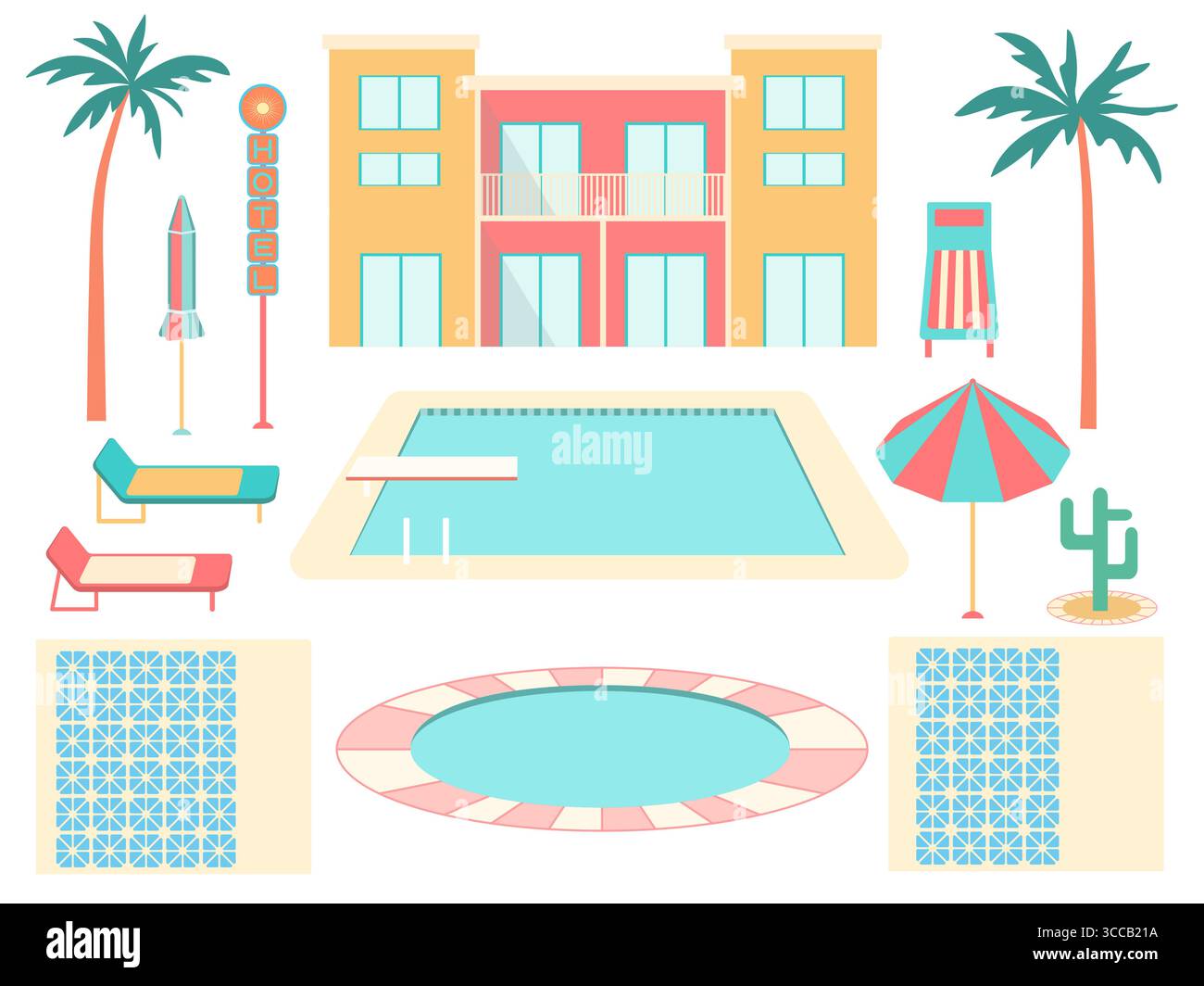 Summer vacation hotel poolside scene vector set. Flat cartoon ...