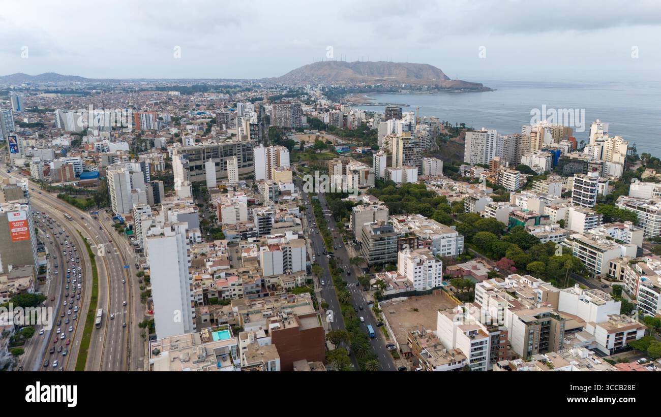 Drone view of Lima, Peru, coastal cityscape, historic center, modern ...