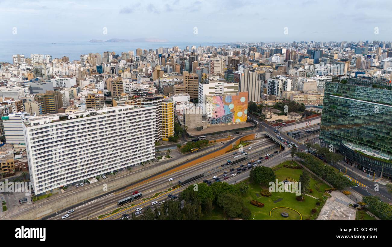 Drone view of Lima, Peru, coastal cityscape, historic center, modern ...