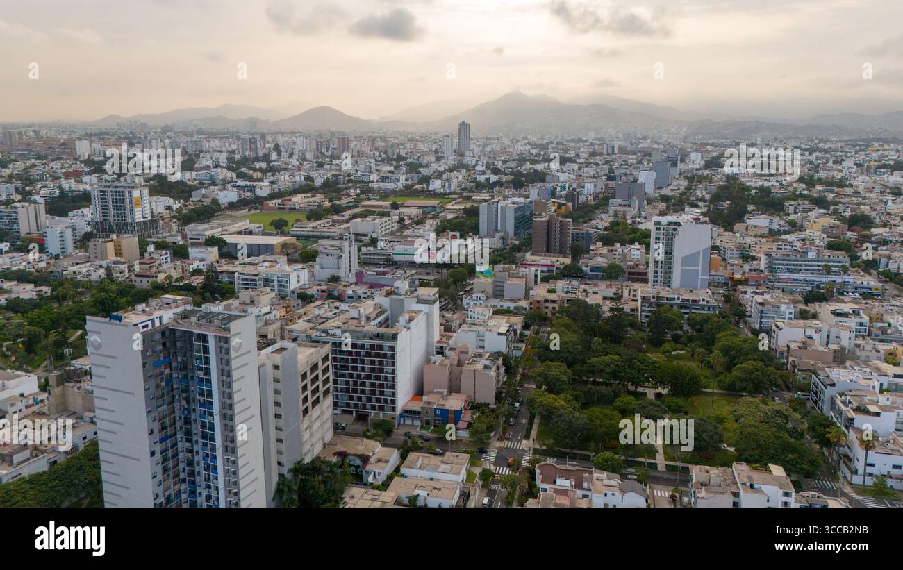Drone view of Lima, Peru, coastal cityscape, historic center, modern ...