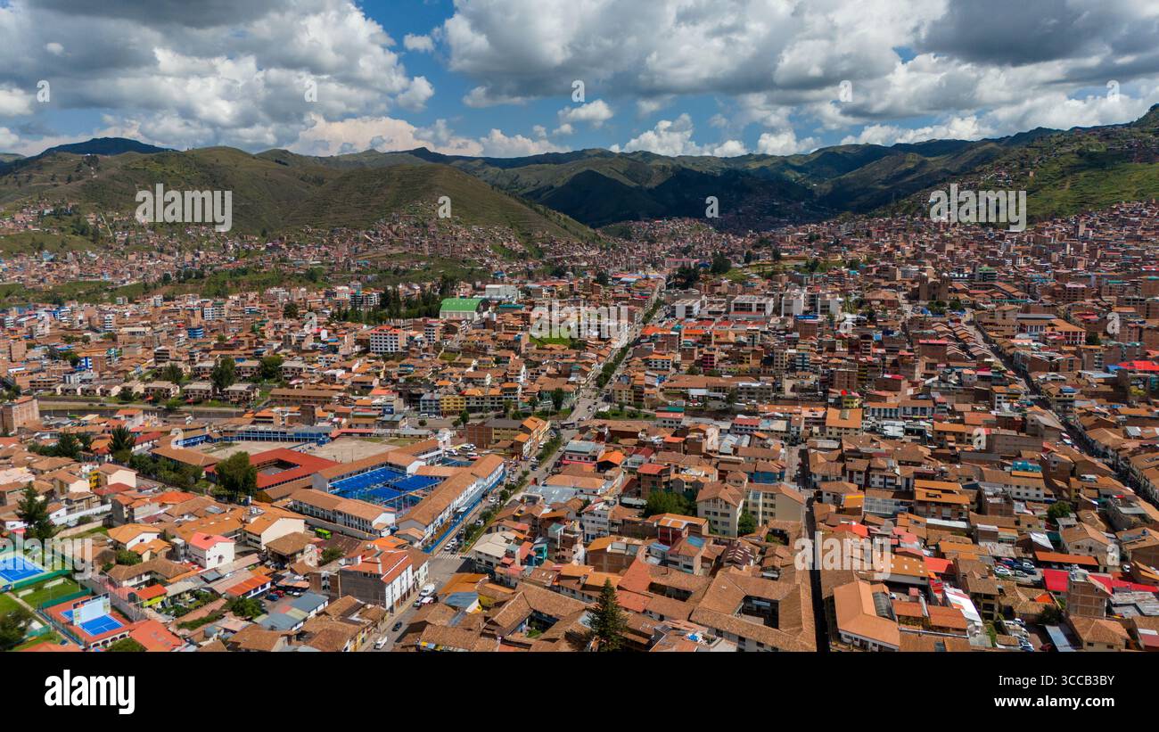 Drone view of Cusco, Peru, historic city center, Andes mountains ...