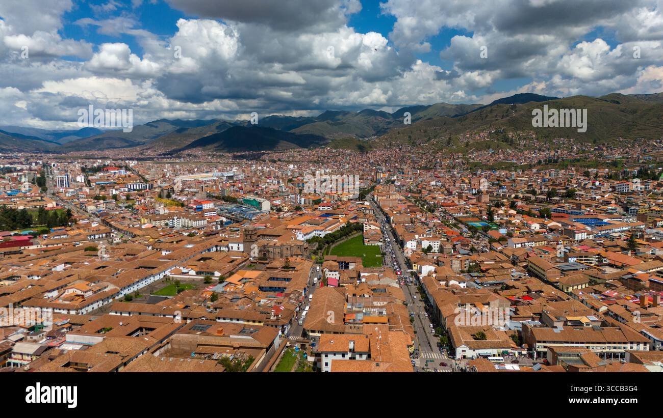 Drone view of Cusco, Peru, historic city center, Andes mountains ...