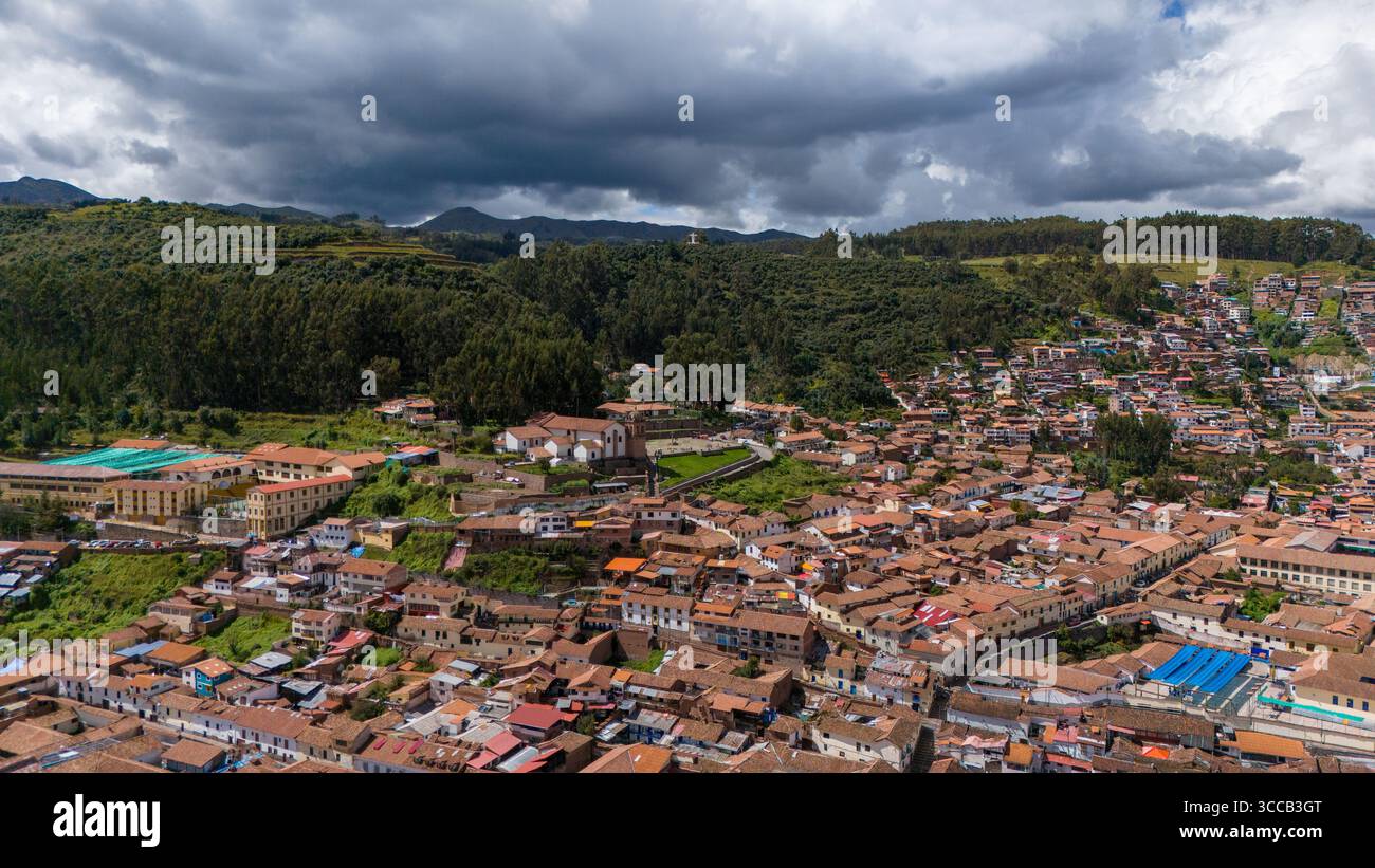 Drone view of Cusco, Peru, historic city center, Andes mountains ...